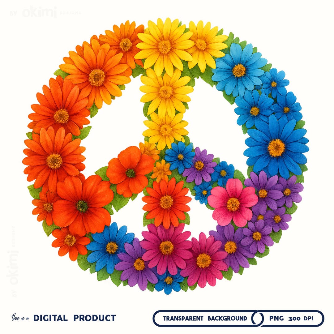 Rainbow Flower Peace Sign Clipart – Hippie Retro PNG for Sublimation ...
