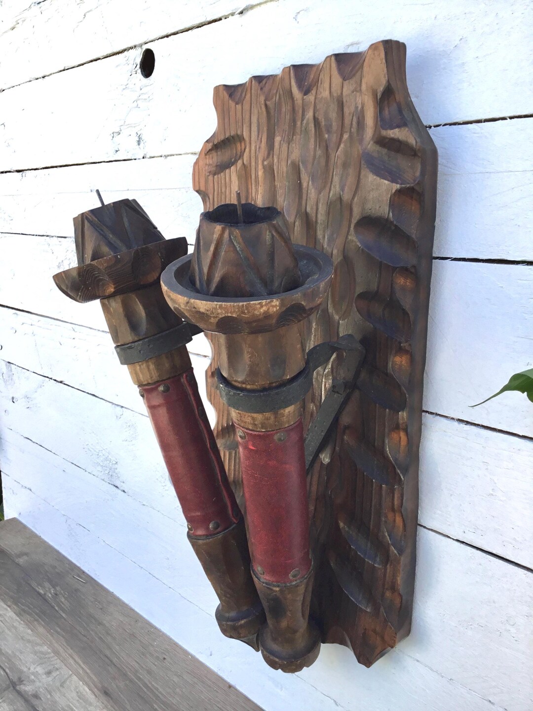 Antique Spanish Wooden and Leather Torches on Wall Mount / Medieval ...