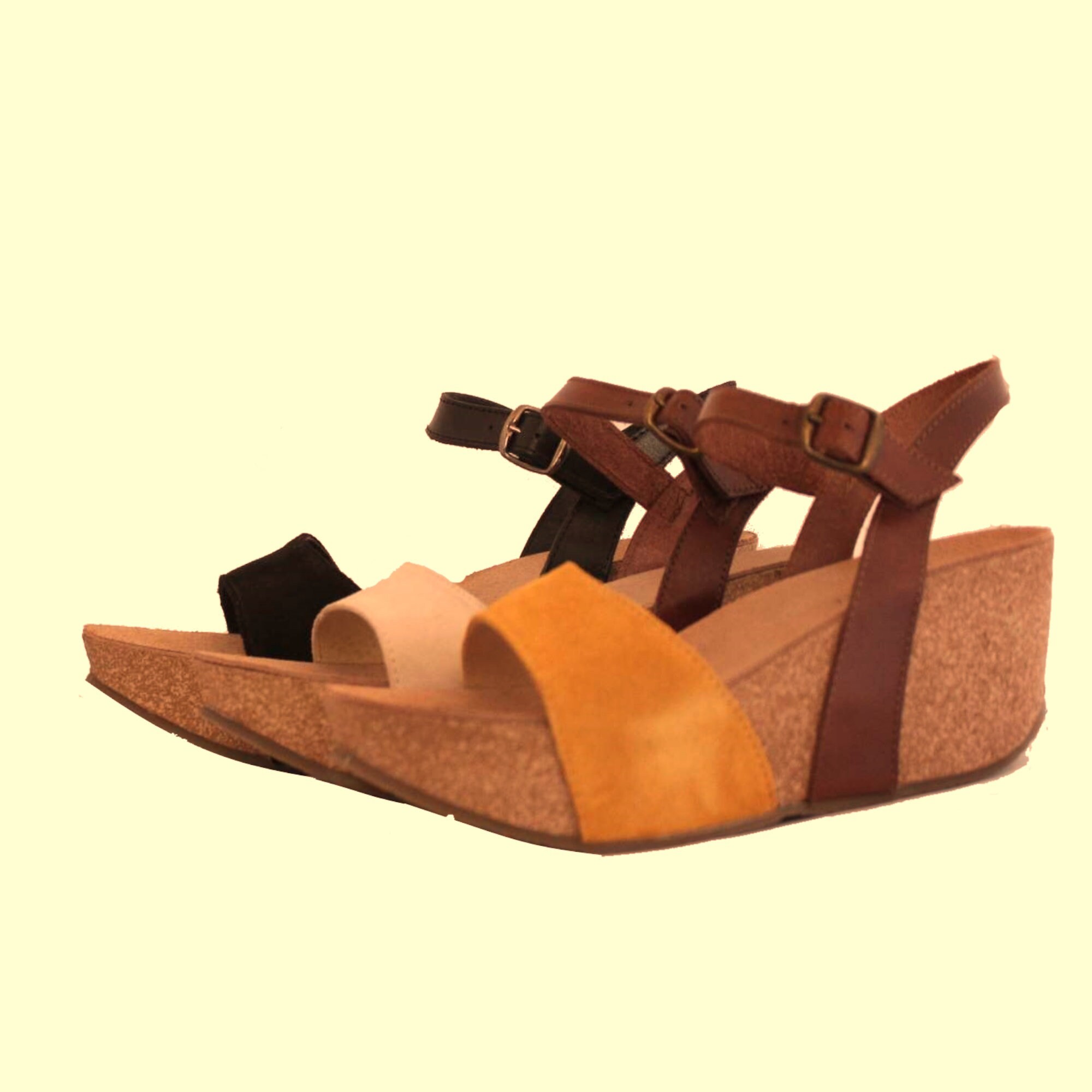 Women's Leather Black Wedge Sandals Handmade Cork Platform Shoes ...