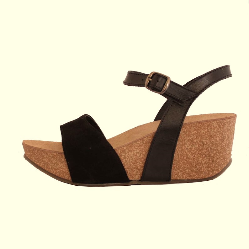 Women's Leather Black Wedge Sandals Handmade Cork Platform Shoes ...