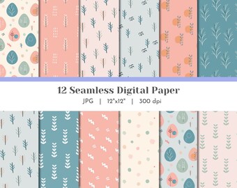 Minimal Bunny and Spring Flowers Digital Paper Bundle, Seamless Repeat ...