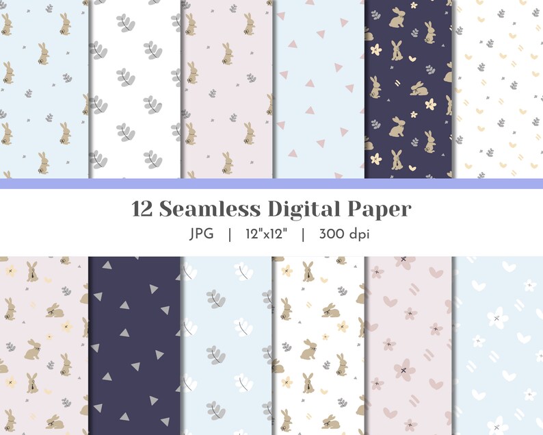 Minimal Bunny and Spring Flowers Digital Paper Bundle, Seamless Repeat ...