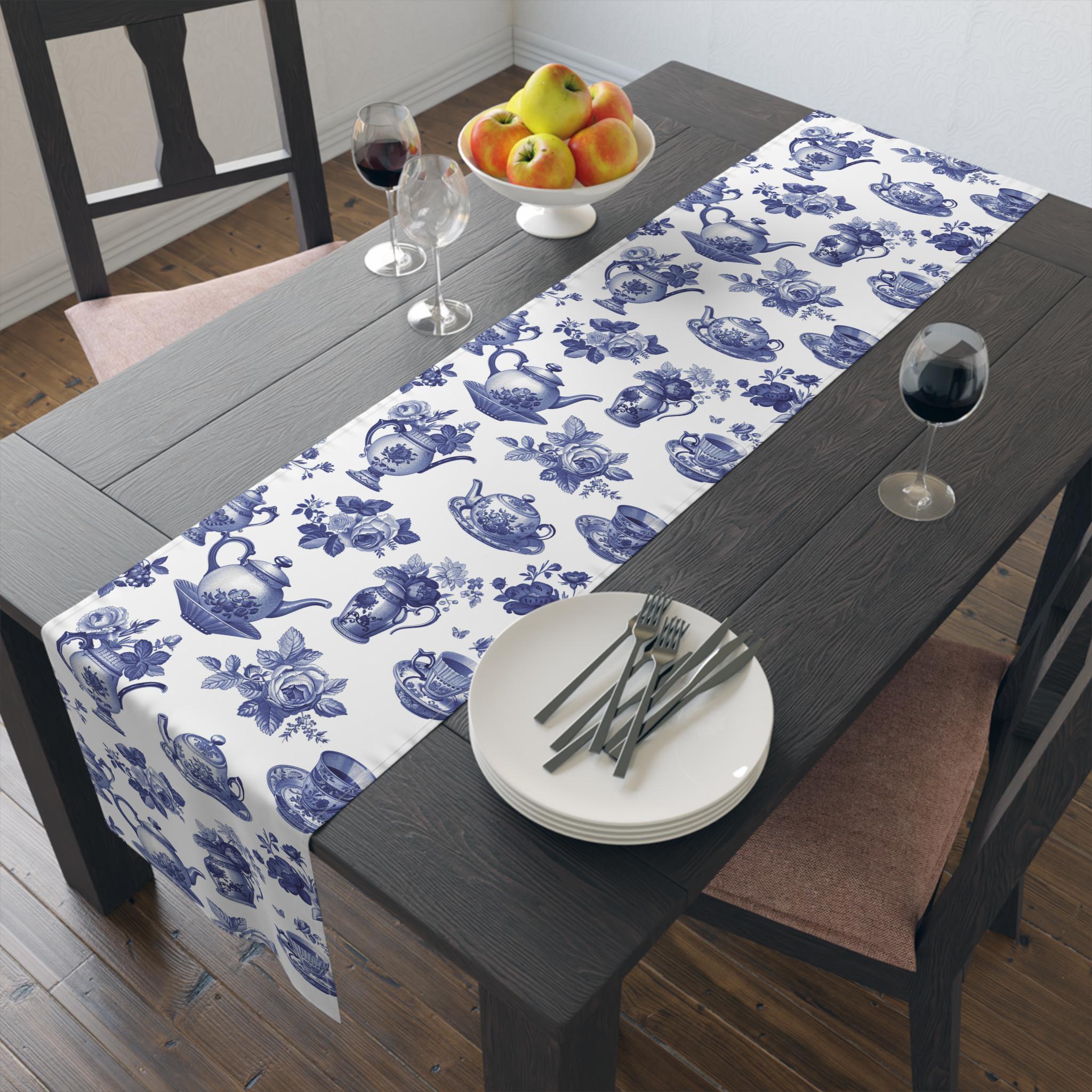 Blue & White Chinoiserie Table Runner Elegant Dining Table Decor Floral ...