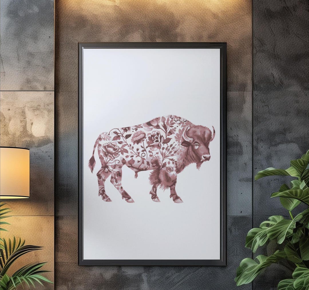 Buffalo Art Print, Floral Western Bison Artwork, Rustic Wildlife Decor ...