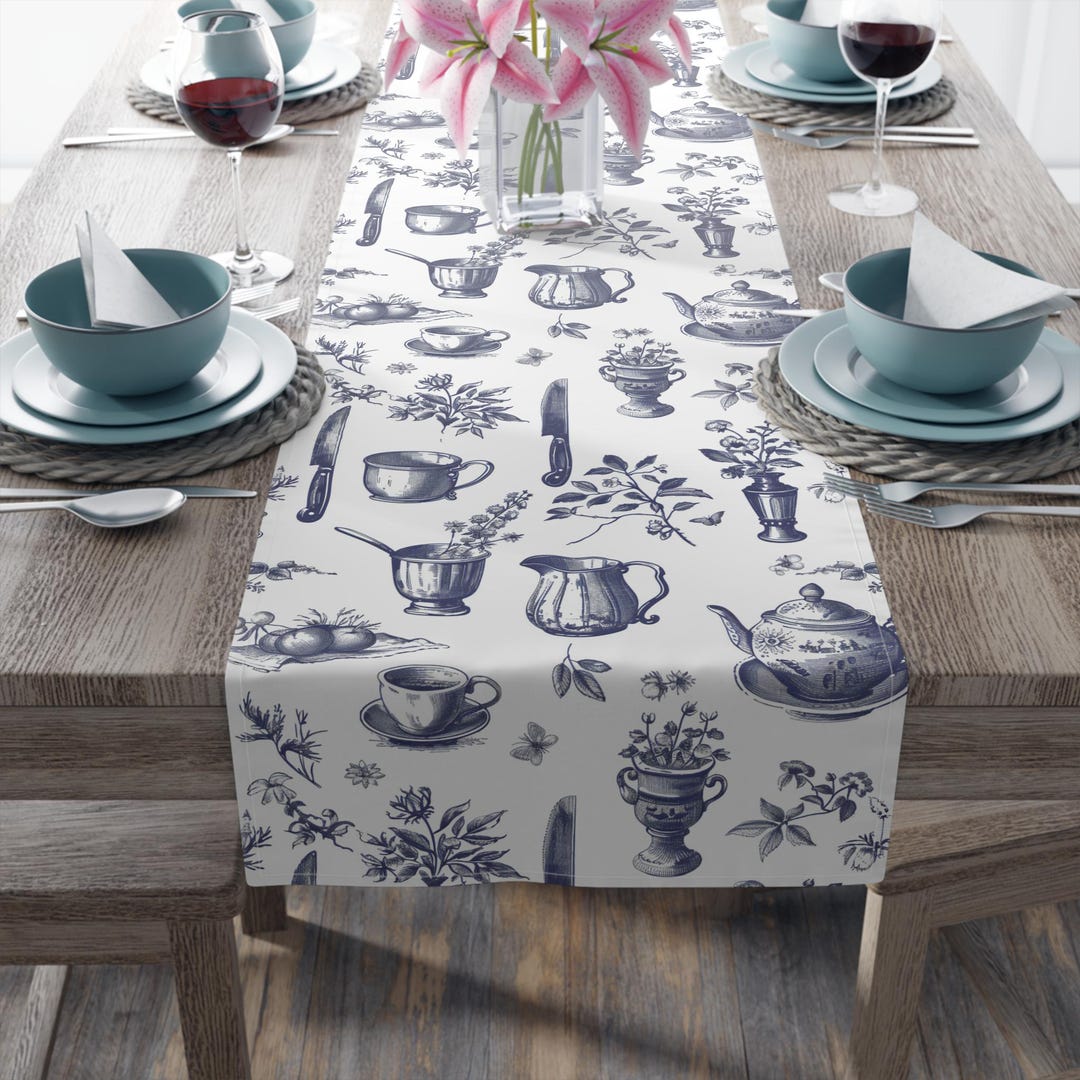 Chinoiserie Table Runner Blue White Elegant Dining Decor Holiday Table ...