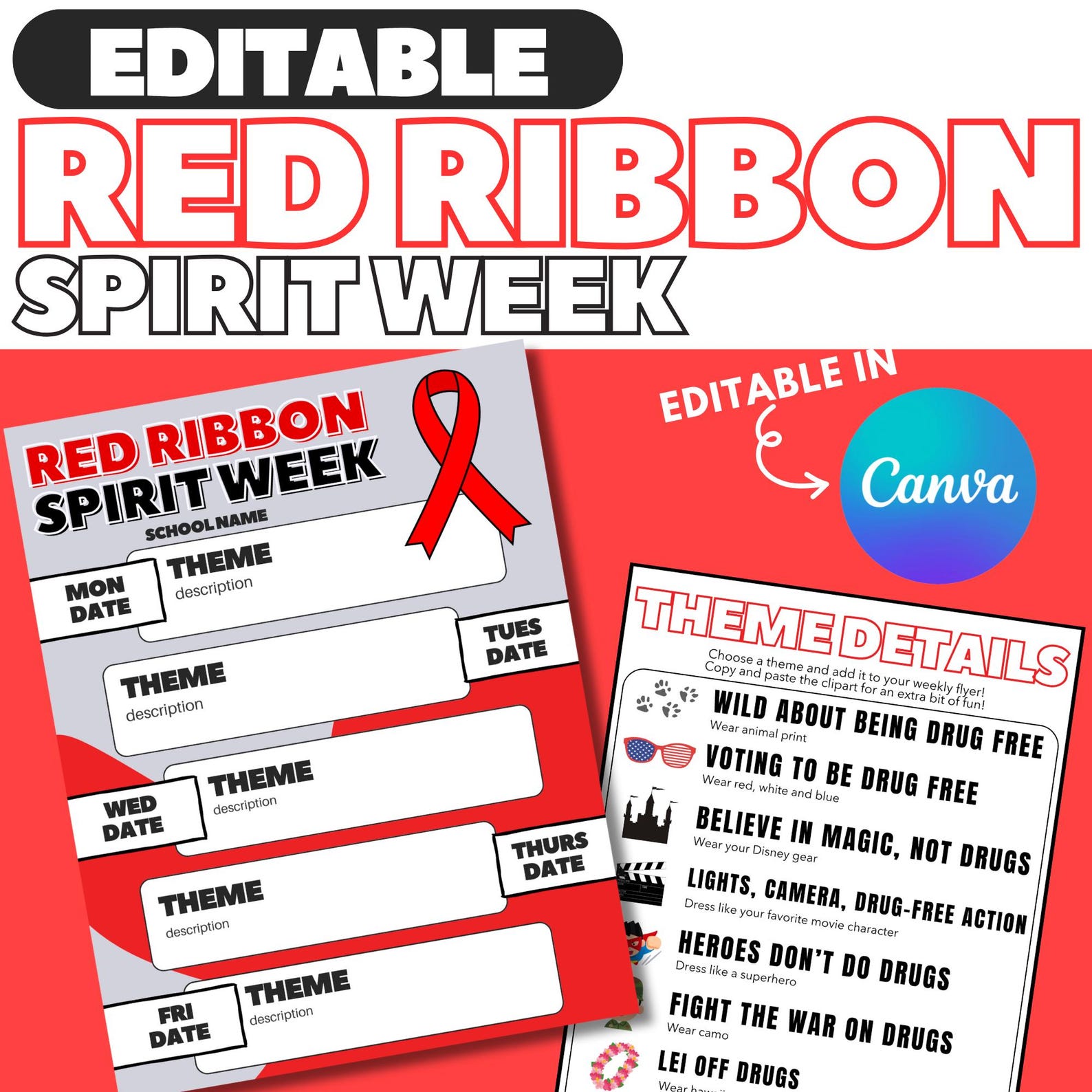 EDITABLE Red Ribbon Spirit Week Template - Editable on Canva - Etsy