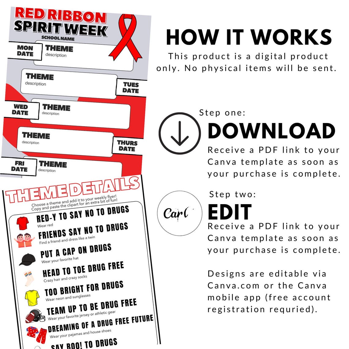 EDITABLE Red Ribbon Spirit Week Template - Editable on Canva - Etsy