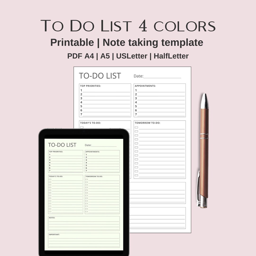 Printable to Do List 4 Colors for Choise Note Taking App Template - Etsy