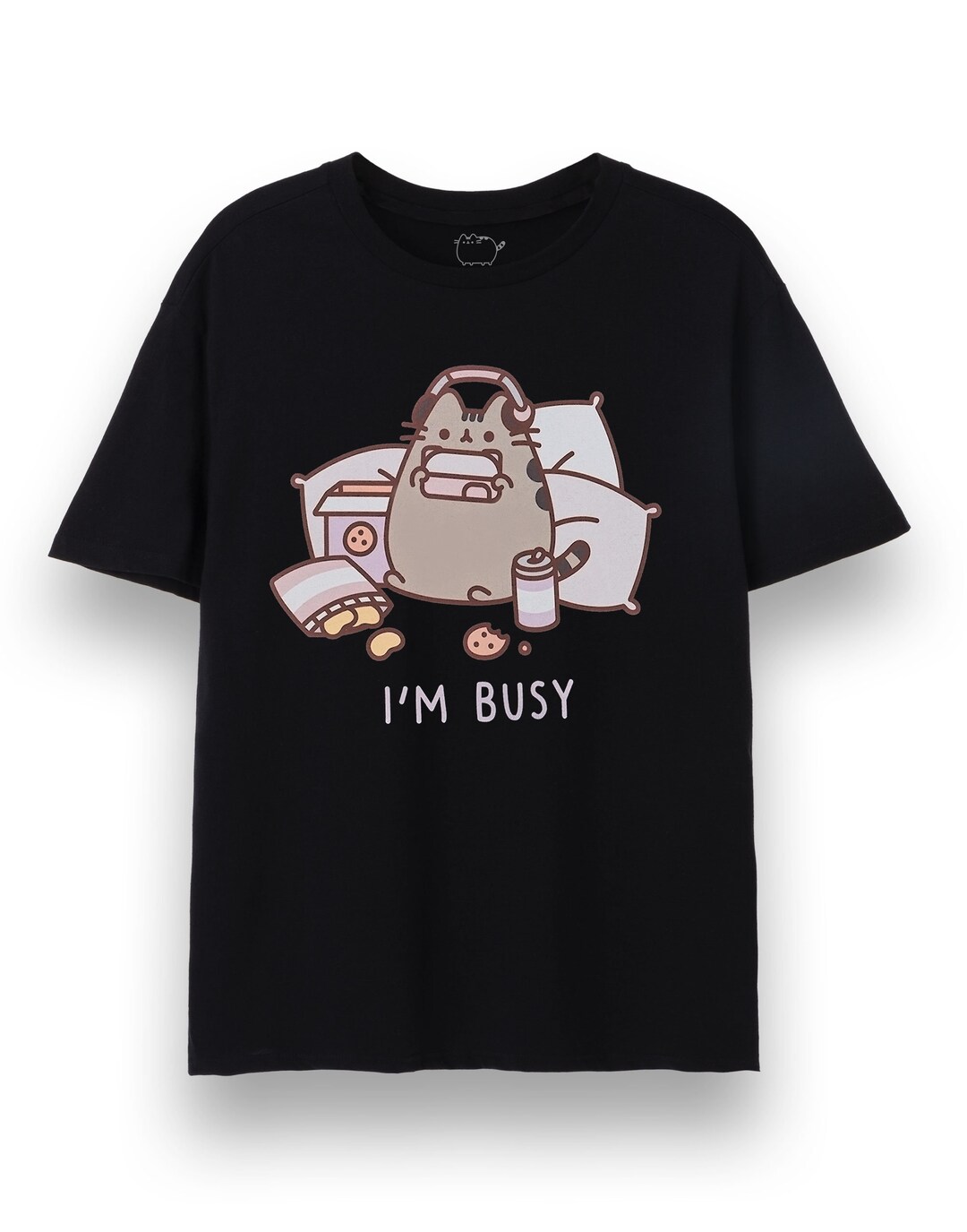 Pusheen Unisex T-shirt I'm Busy Graphic Tee in Black Cat Kitten Snacks ...