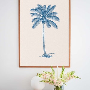 Blue Palm Tree Print, Vintage Tropical Wall Art, Coastal Wall Decor ...