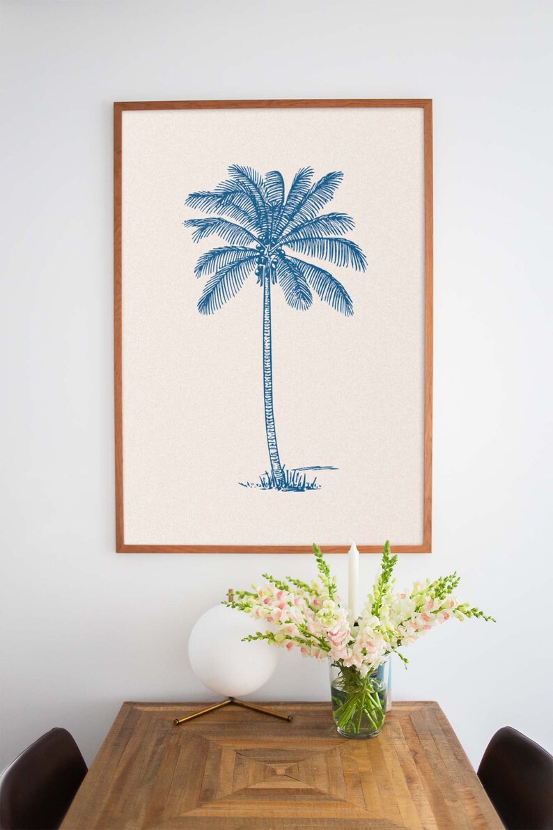 Blue Palm Tree Print, Vintage Tropical Wall Art, Coastal Wall Decor ...