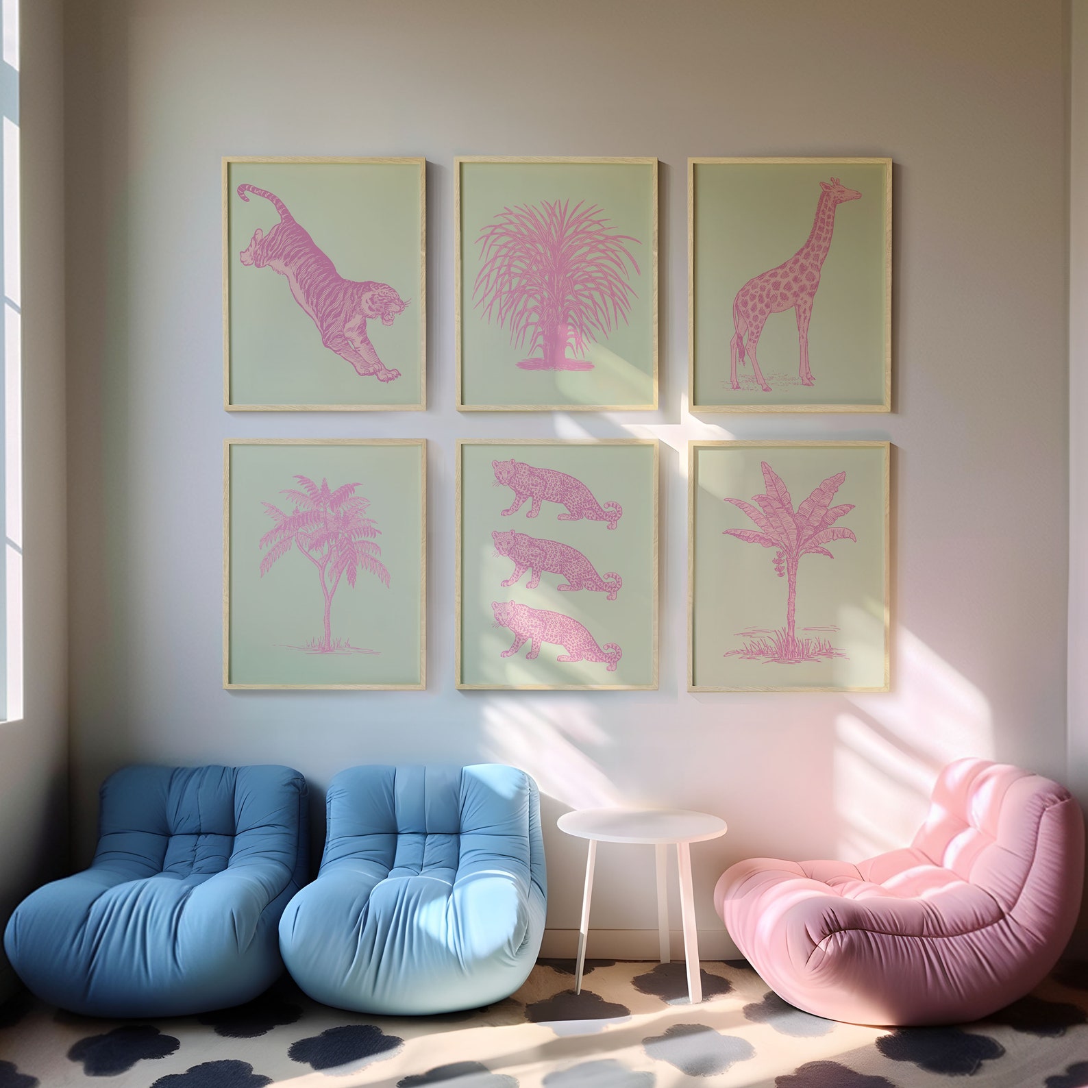 Set of 6 Wild Animals and Tropical Plants Prints Pink Green, Eclectic ...