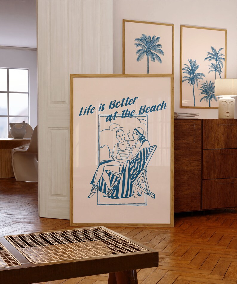 Blue Retro Beach Palm Tree Prints Set of 3, Vintage Tropical Wall Art ...