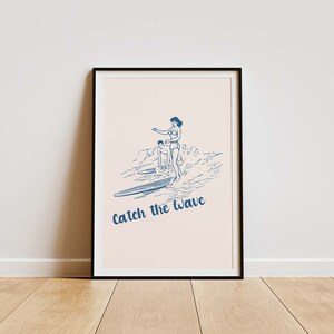 Blue Surfing Print Catch the Wave, Vintage Tropical Wall Art, Coastal ...