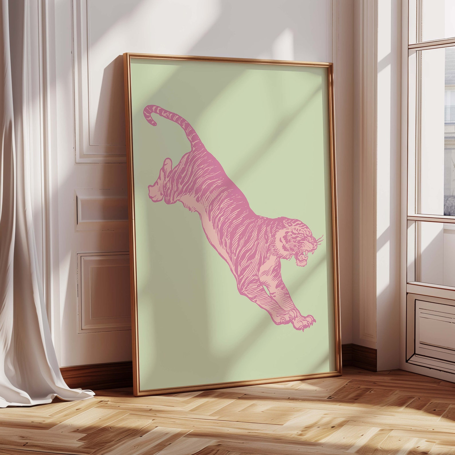 Set of 6 Wild Animals and Tropical Plants Prints Pink Green, Eclectic ...