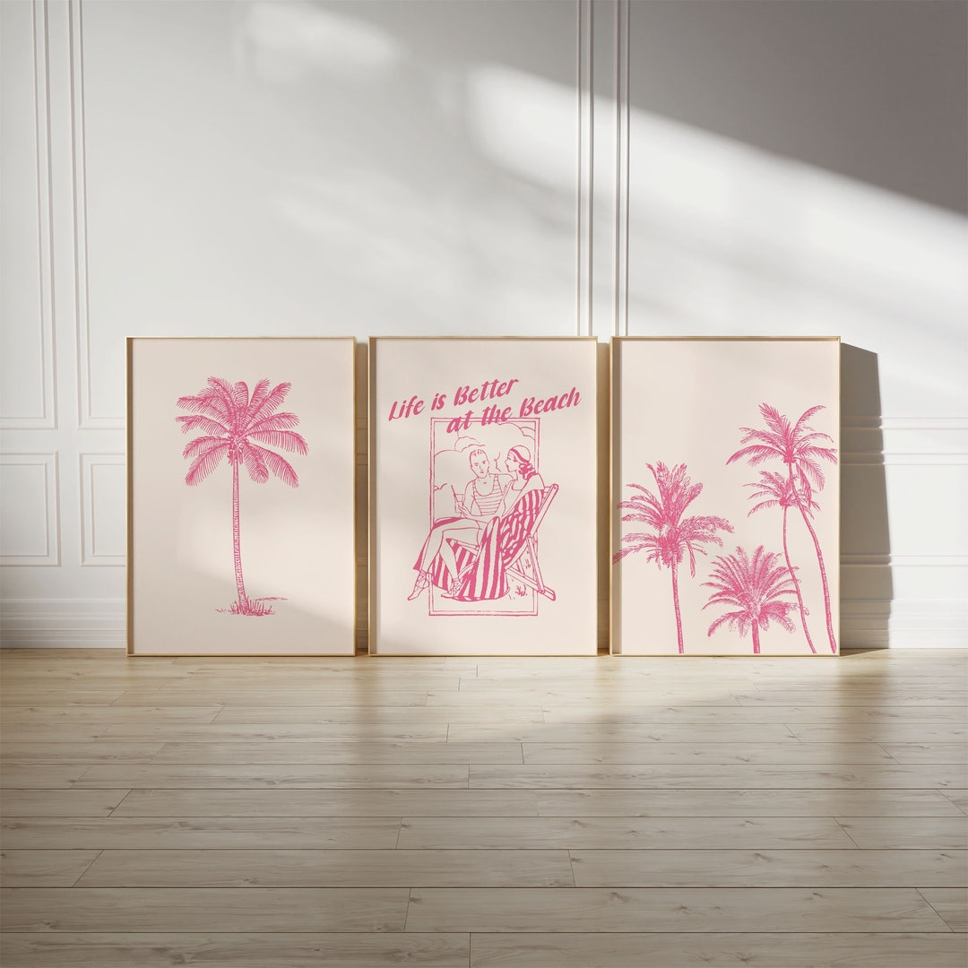 Set of 3 Retro Beach Palm Tree Prints Pink, Vintage Tropical Wall Art ...
