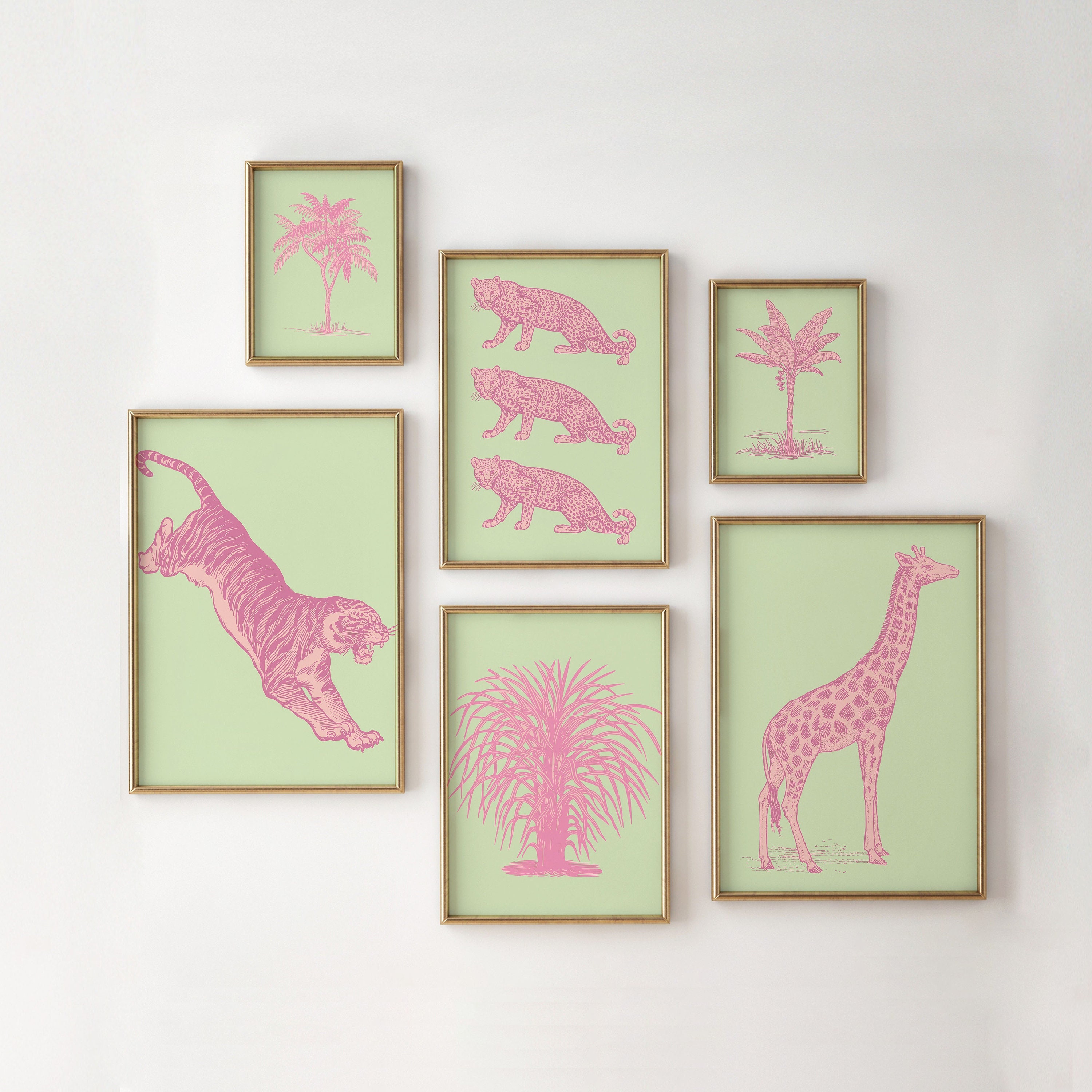 Set of 6 Wild Animals and Tropical Plants Prints Pink Green, Eclectic ...