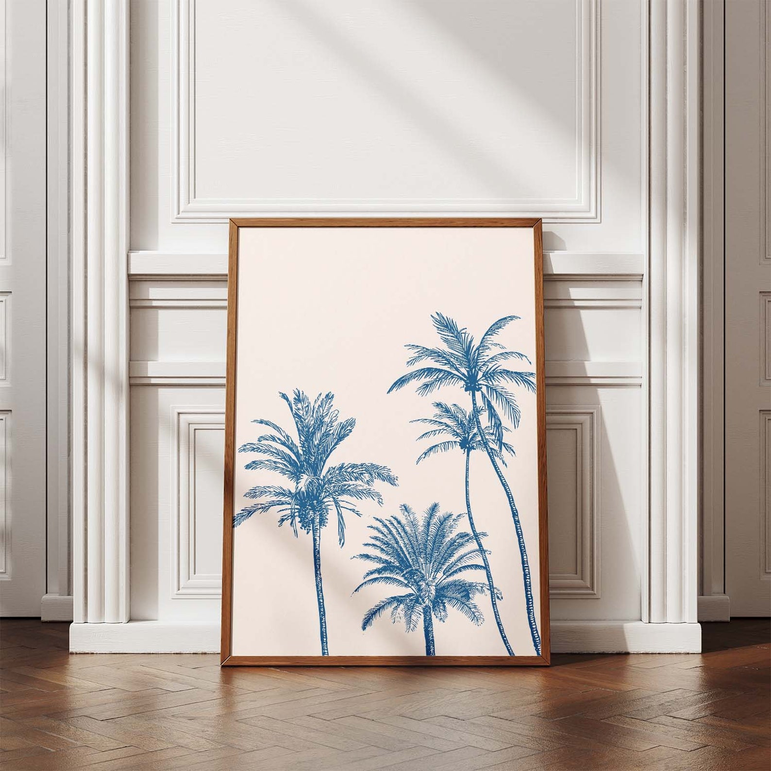 Blue Retro Beach Palm Tree Prints Set of 3, Vintage Tropical Wall Art ...