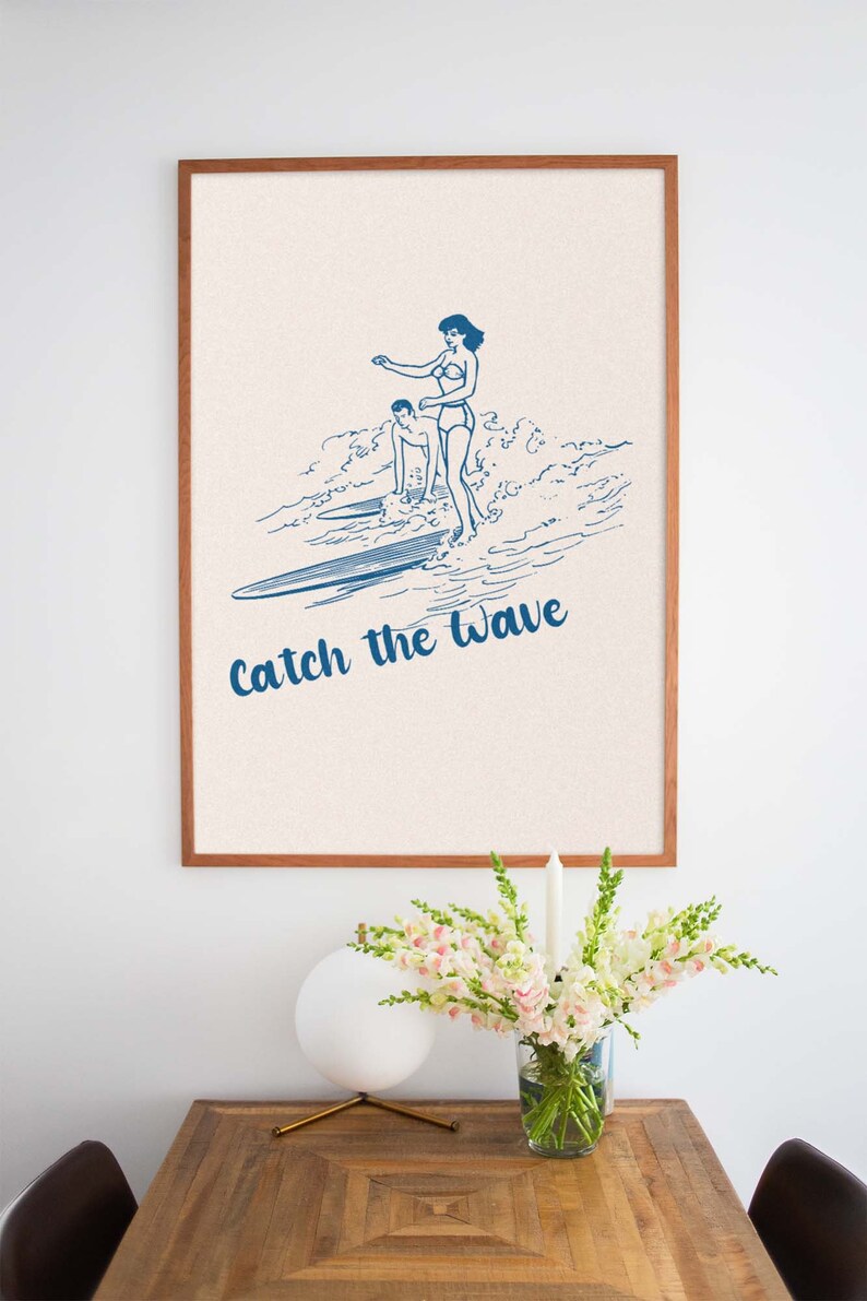 Blue Surfing Print Catch the Wave, Vintage Tropical Wall Art, Coastal ...