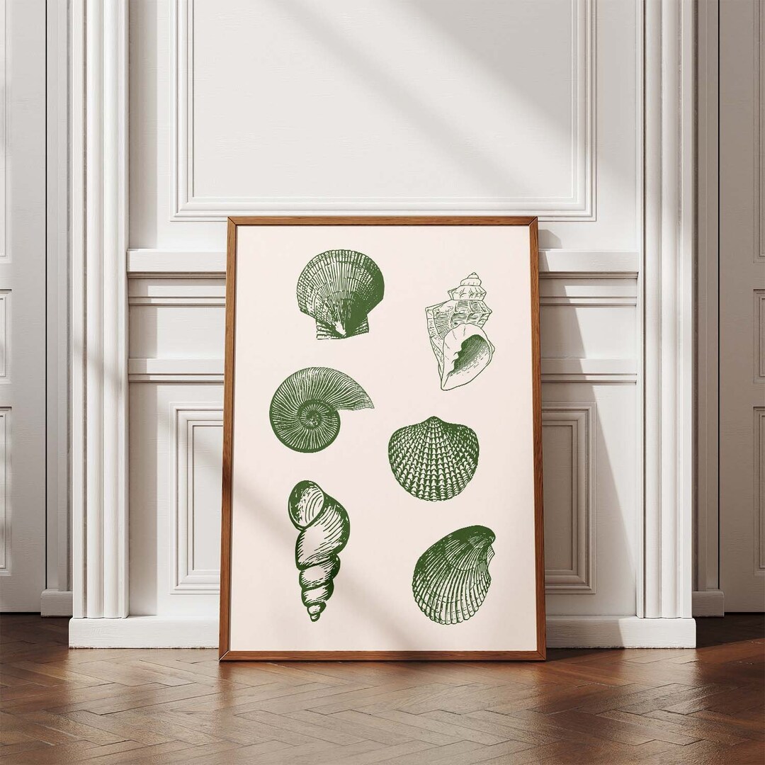 Green Seashell Print, Vintage Tropical Wall Art, Coastal Wall Decor ...