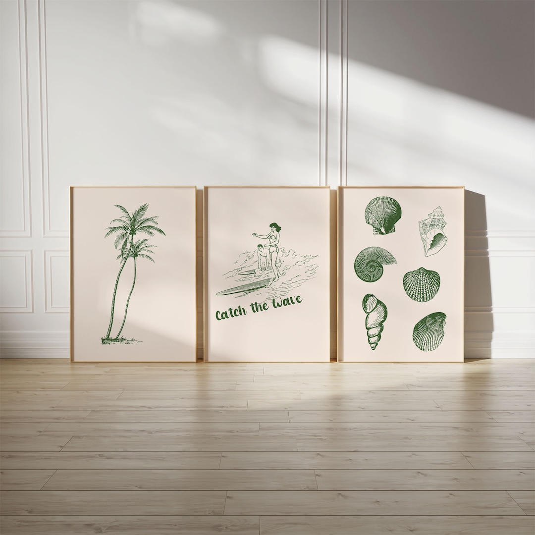 Green Retro Palm Tree Surfing Seashells Prints Set of 3, Vintage ...