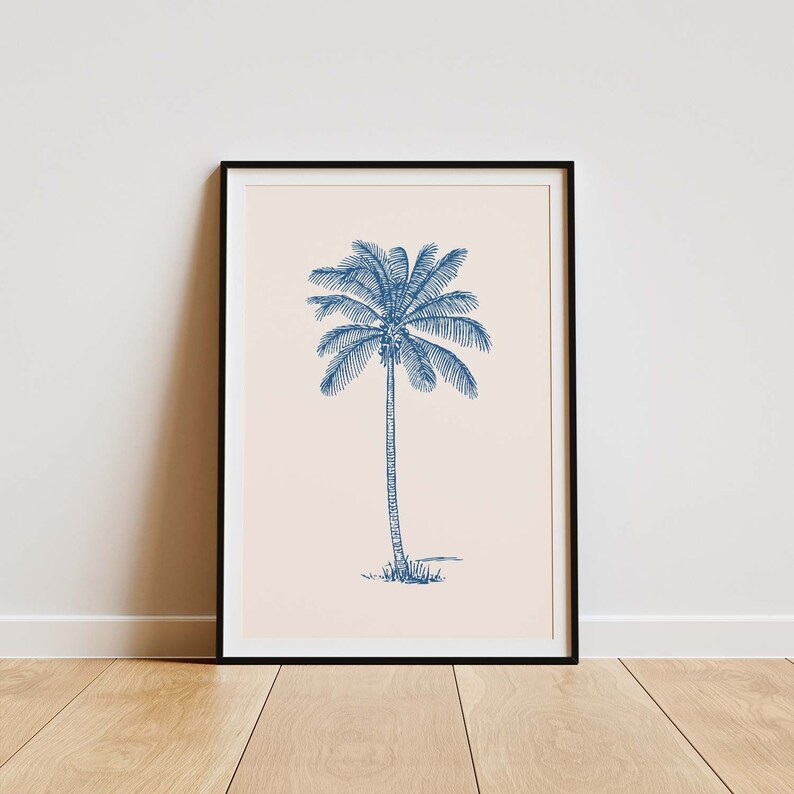 Blue Palm Tree Print, Vintage Tropical Wall Art, Coastal Wall Decor ...