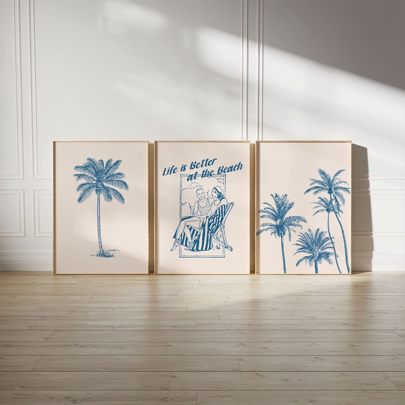 Blue Retro Beach Palm Tree Prints Set of 3, Vintage Tropical Wall Art ...