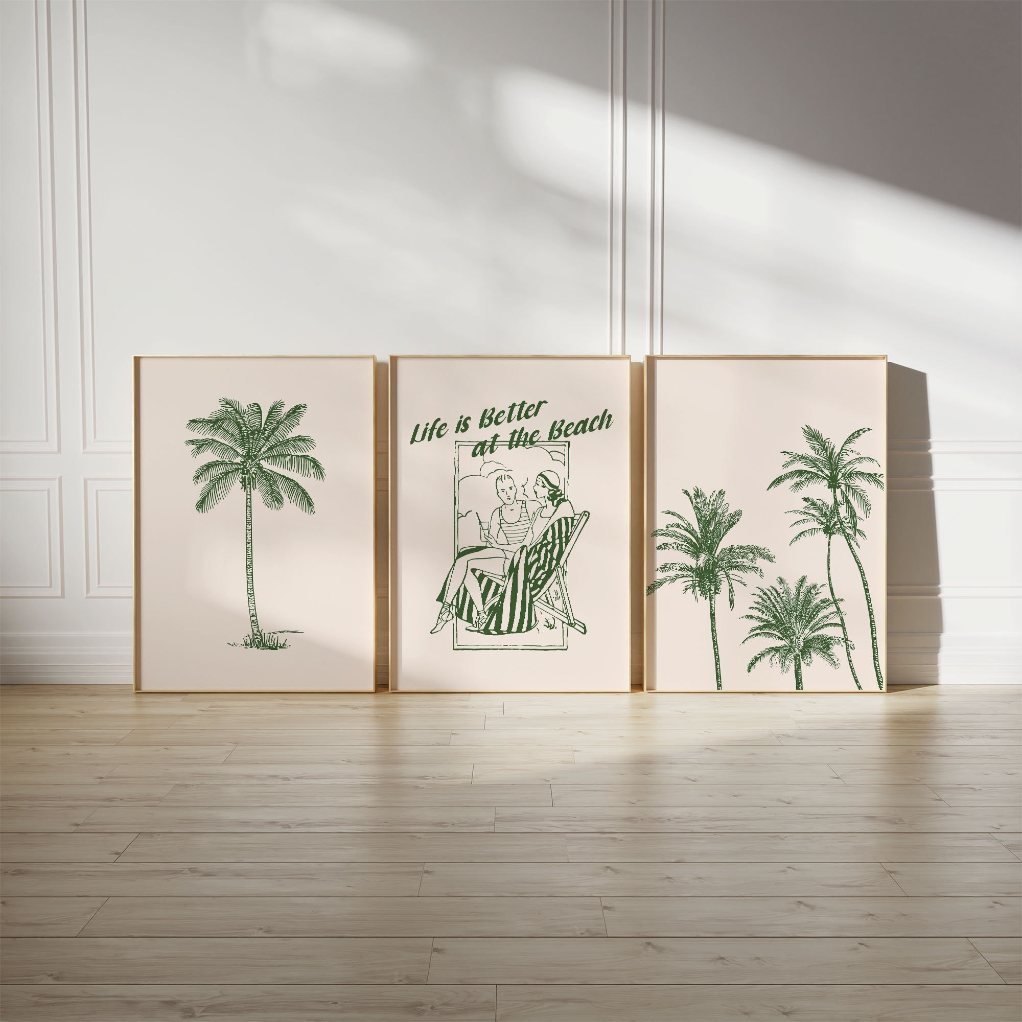 Green Retro Beach Palm Tree Prints Set of 3, Vintage Tropical Wall Art ...