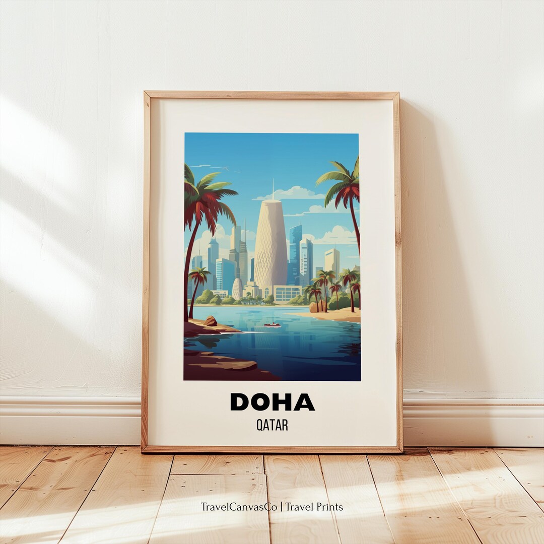 Doha Skyline Travel Poster Wall Art, Qatar Art, Doha Qatar Travel Print ...