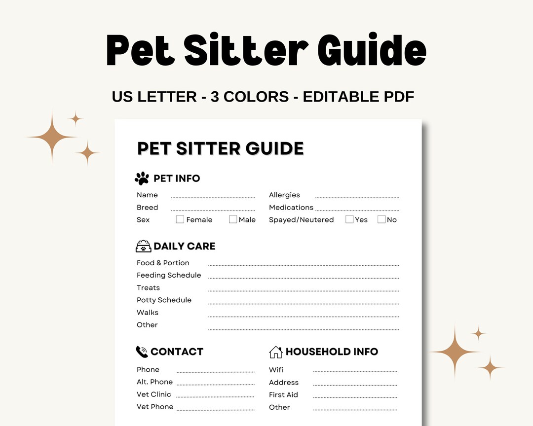 Pet Sitter Guide Printable PDF Template Dog Sitter Form Digital ...