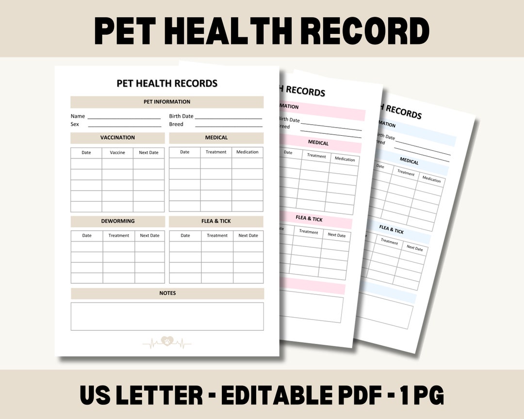 Pet Health Record | Editable Pet Record | Printable Dog Template ...