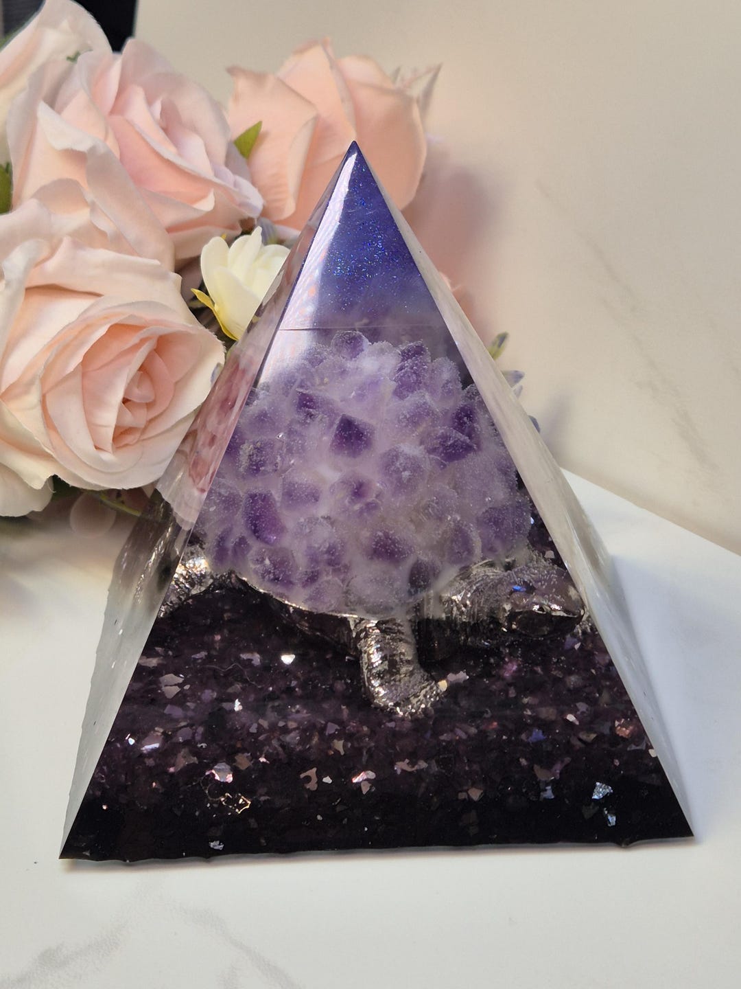 Handmade Epoxy Resin Pyramid Silver Turtle With Amethyst Shell Base ...