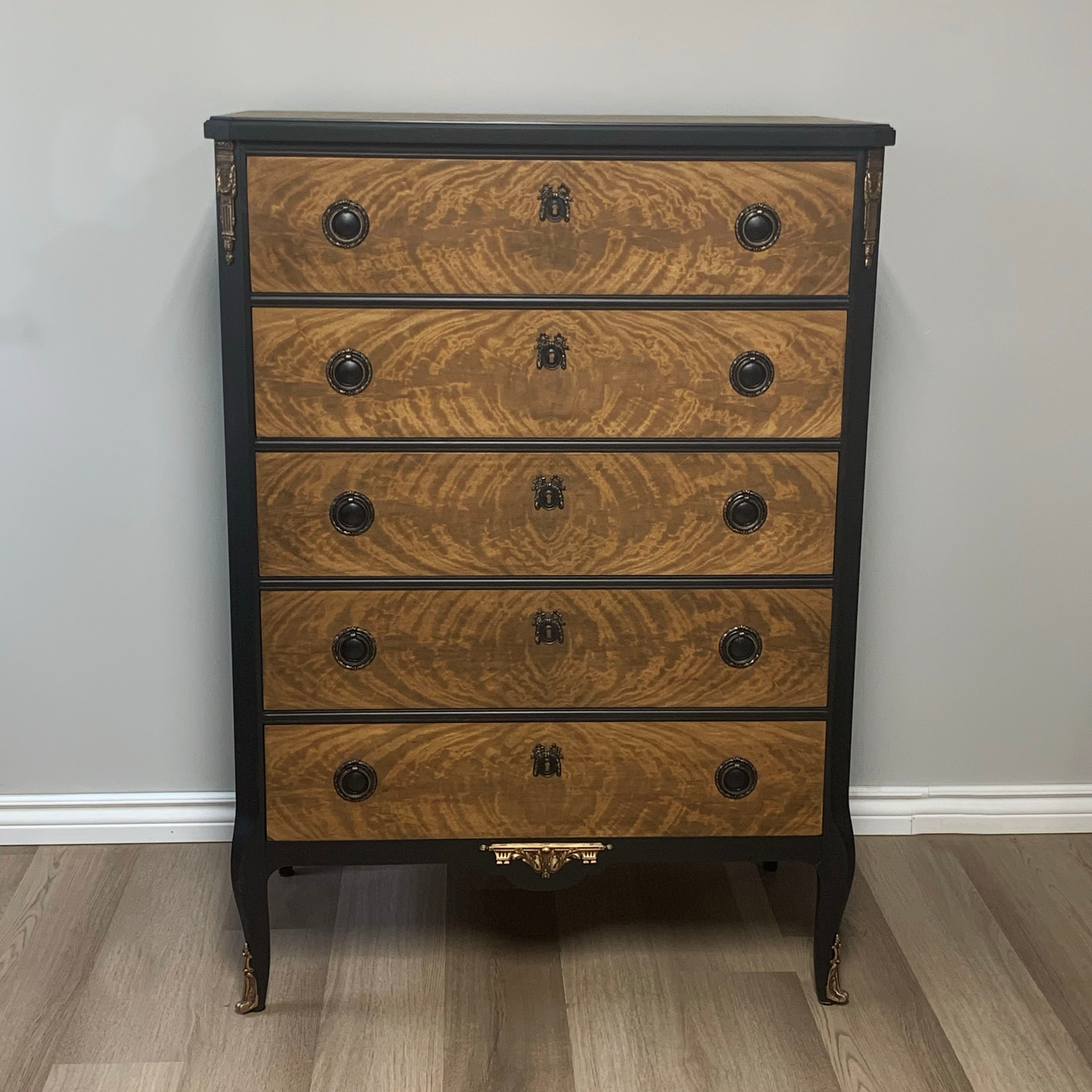 Stunning Painted Black and Curly Flame Maple Wood Antique Highboy ...