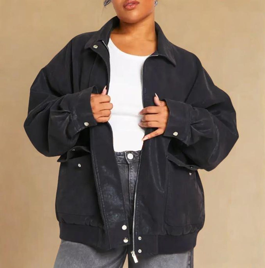 Black Super Oversized Leather Bomber Jacket - Certified Ethically ...