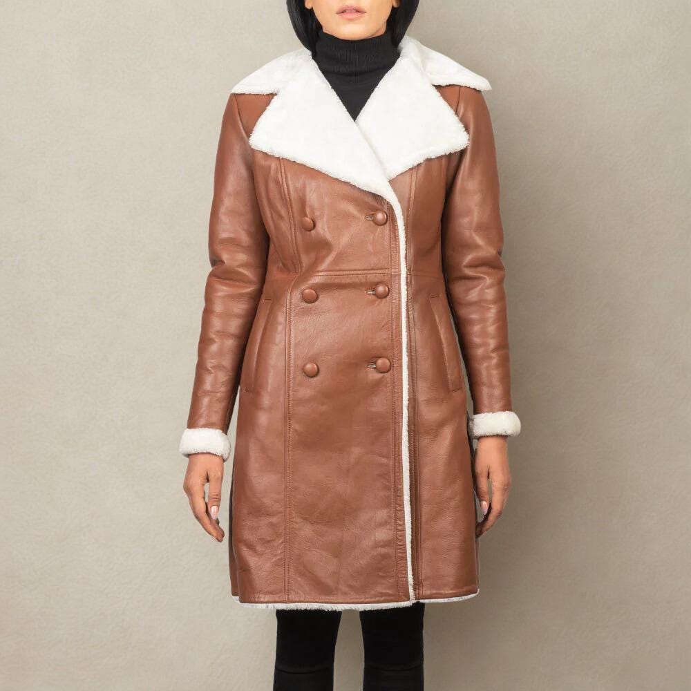 Women Amie Distressed Brown Double Breasted Shearling Fur Coat ...