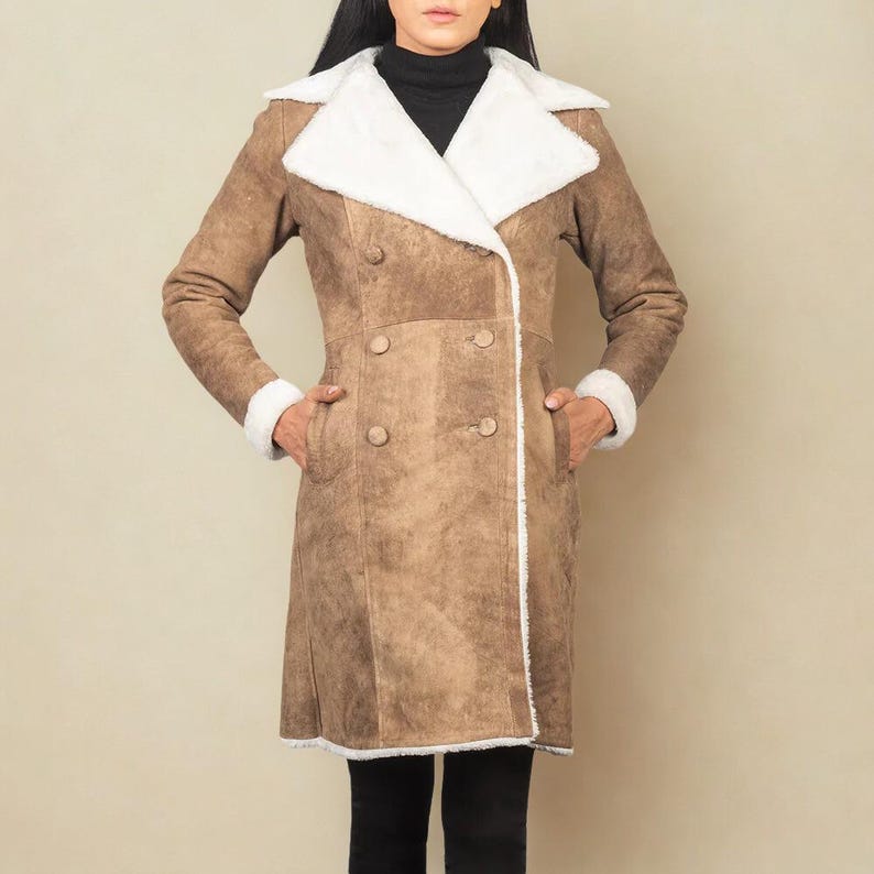 Women Amie Distressed Brown Double Breasted Shearling Fur Coat ...