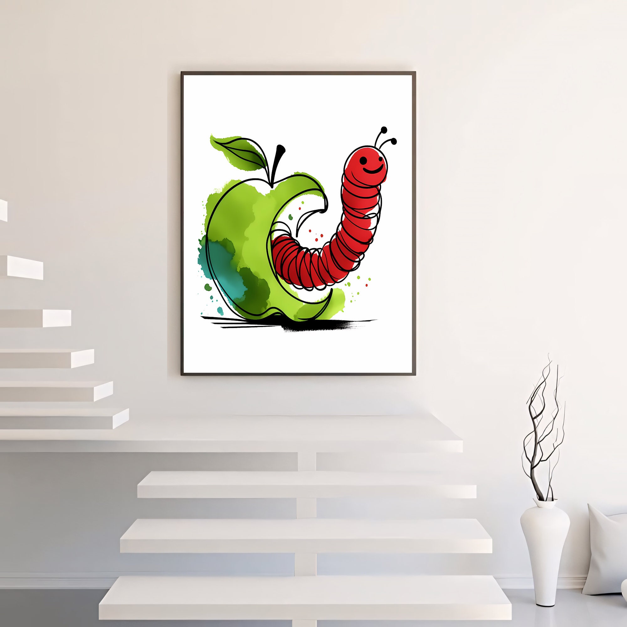 Green Apple Print, Happy Worm, Botanical, Minimalistic Print, Green ...
