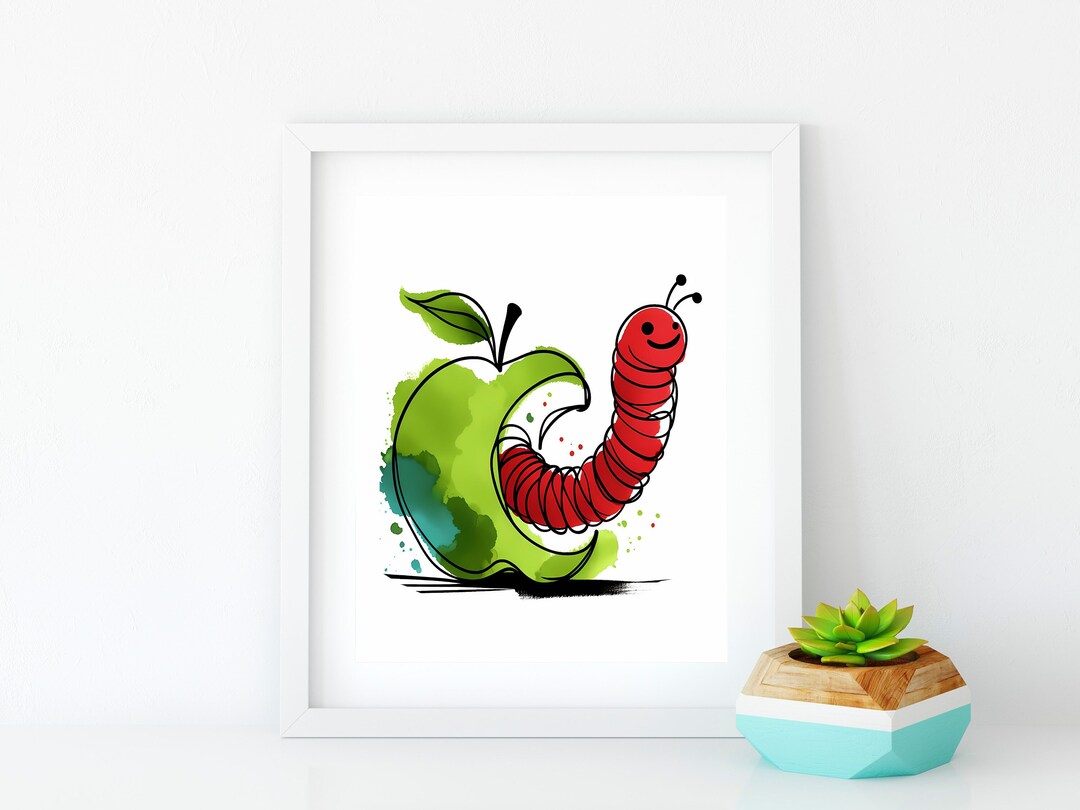Green Apple Print, Happy Worm, Botanical, Minimalistic Print, Green ...