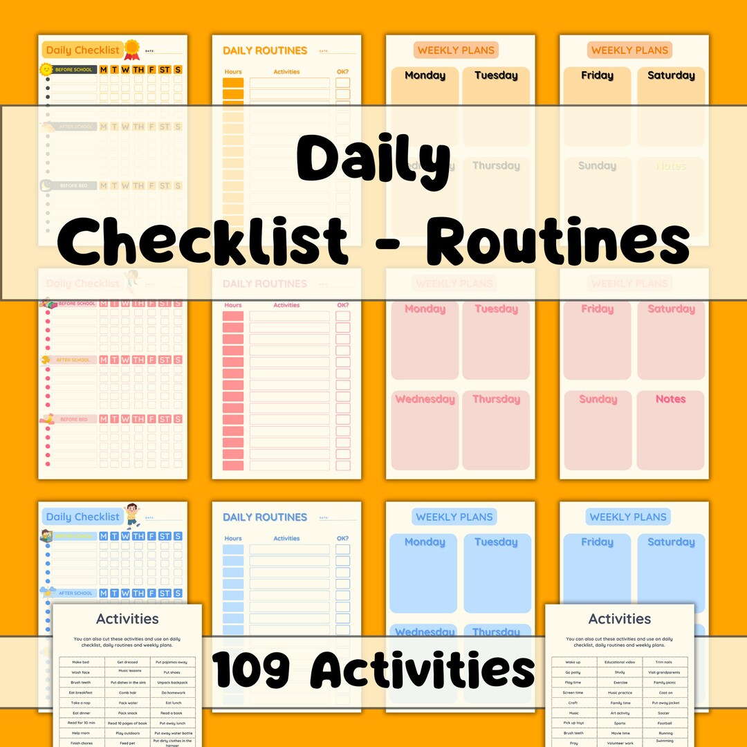 Kids Daily Checklist Schedule Printable Chore Chart Daily Routine ...