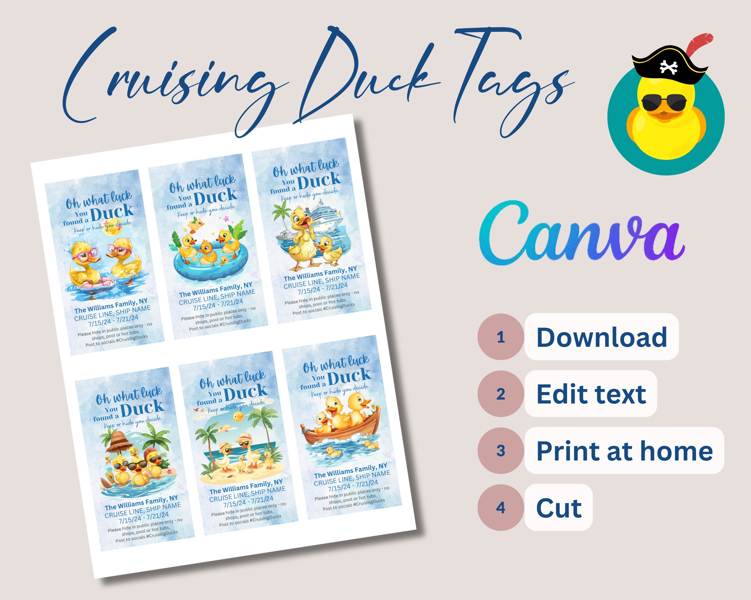 Editable PDF Printable Tags Cruise Ship Ducks Con-quack-ulations Kids ...