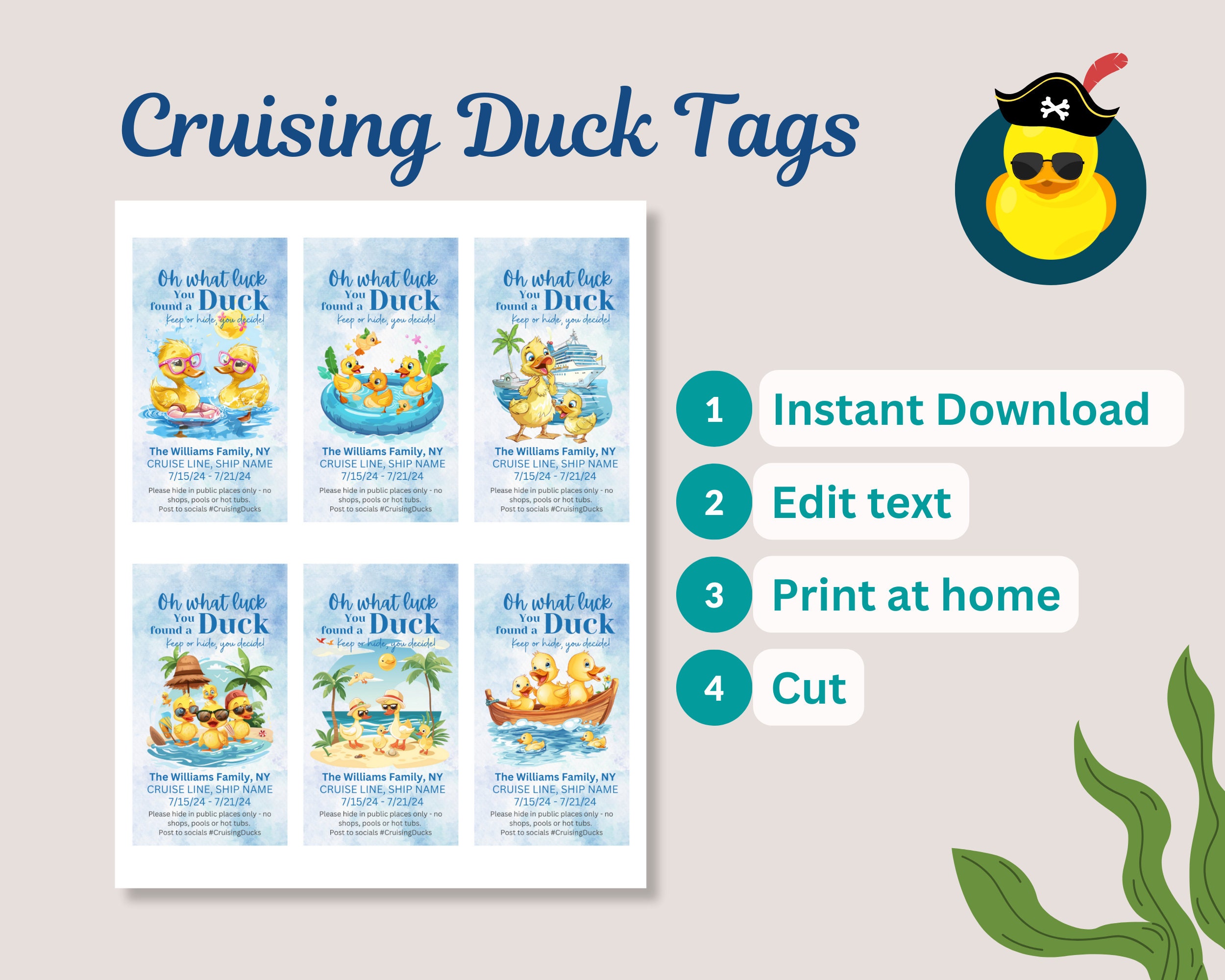 Editable PDF Printable Tags Cruise Ship Ducks Con-quack-ulations Kids ...