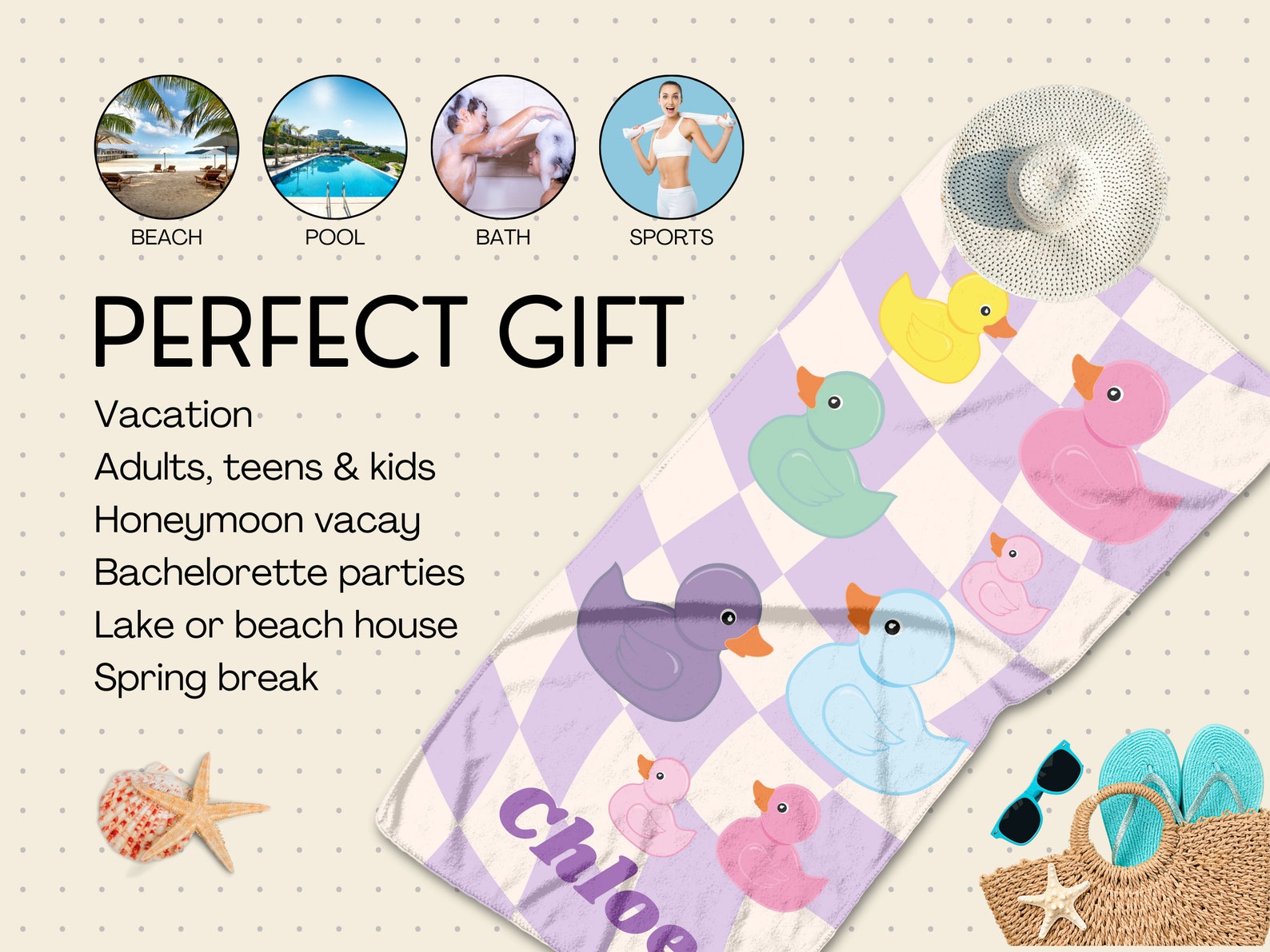 Rubber Ducks Custom Beach Towel Retro Checkered Personalized Name Duck ...