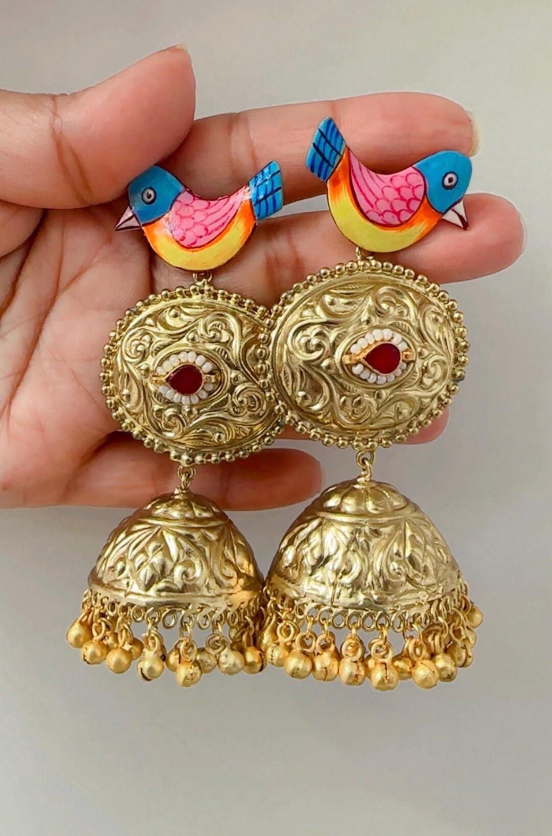Indian Pachi Kundan Jhumka Earrings, Lightweight Fusion Bird Design ...
