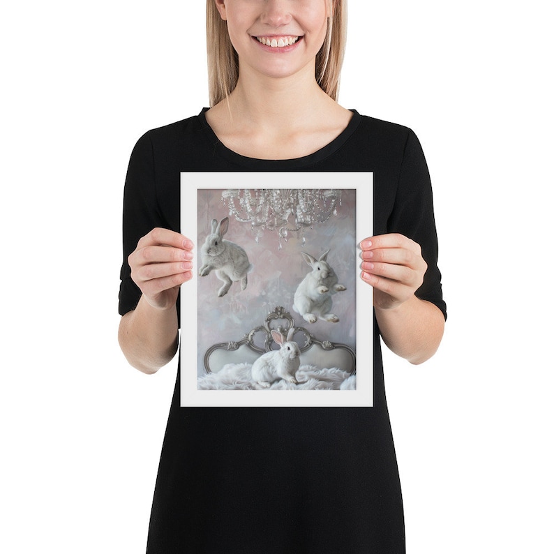 Framed Bunny Wall Art White Rabbit Painting Whimsical Art - Etsy