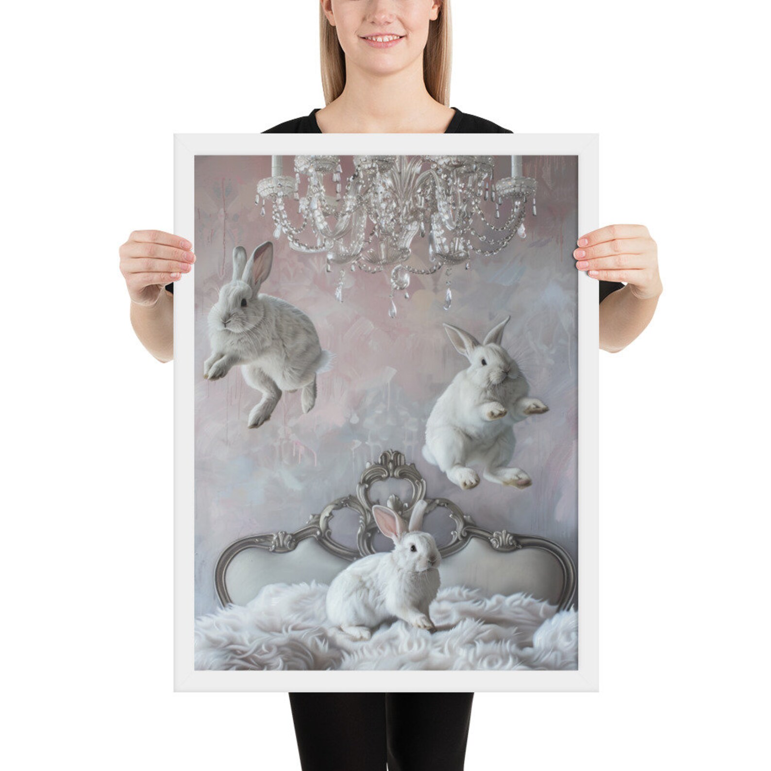 Framed Bunny Wall Art White Rabbit Painting Whimsical Art - Etsy