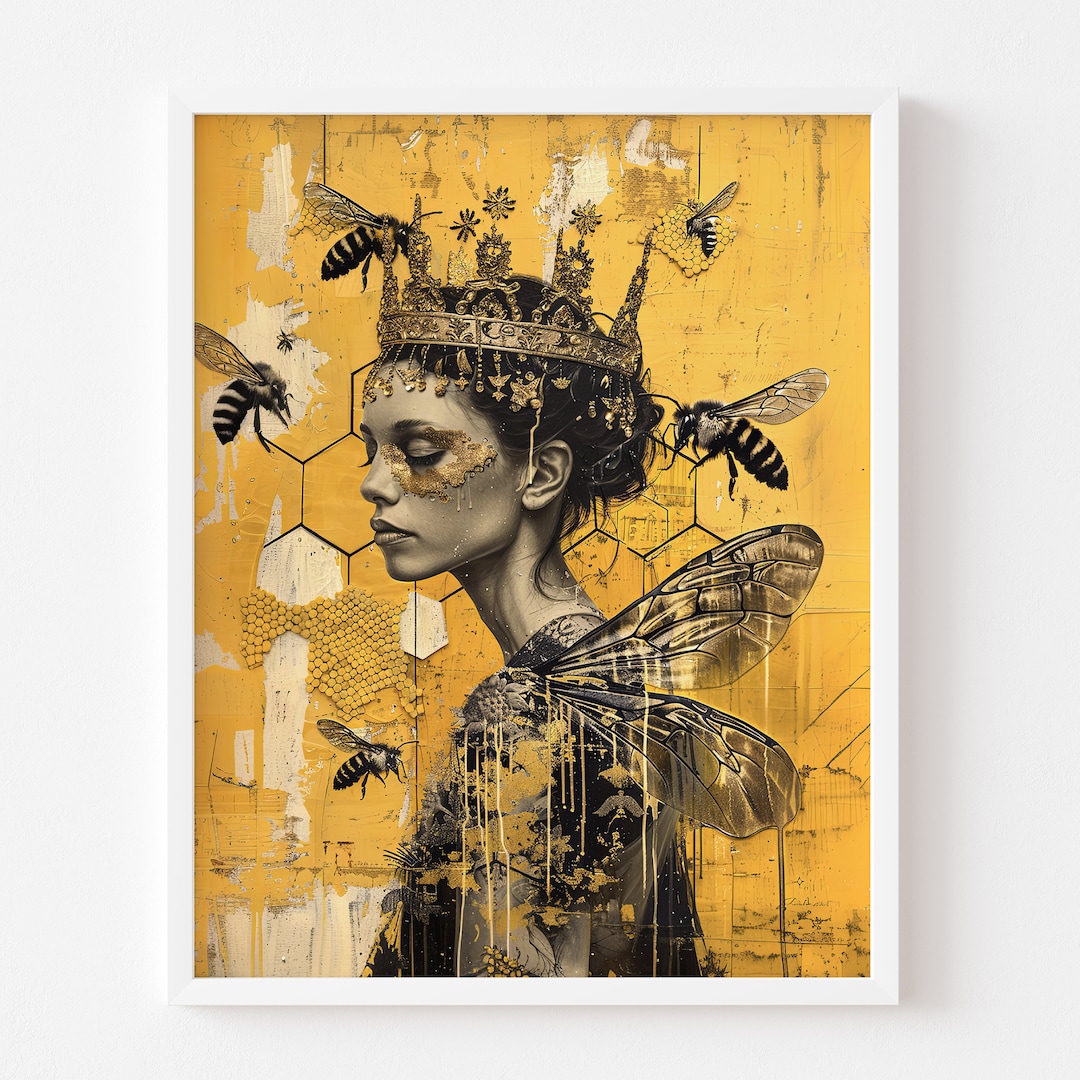 Golden Queen Bee Art Print Fantasy Queen Bee Mixed Media Unframed Wall ...