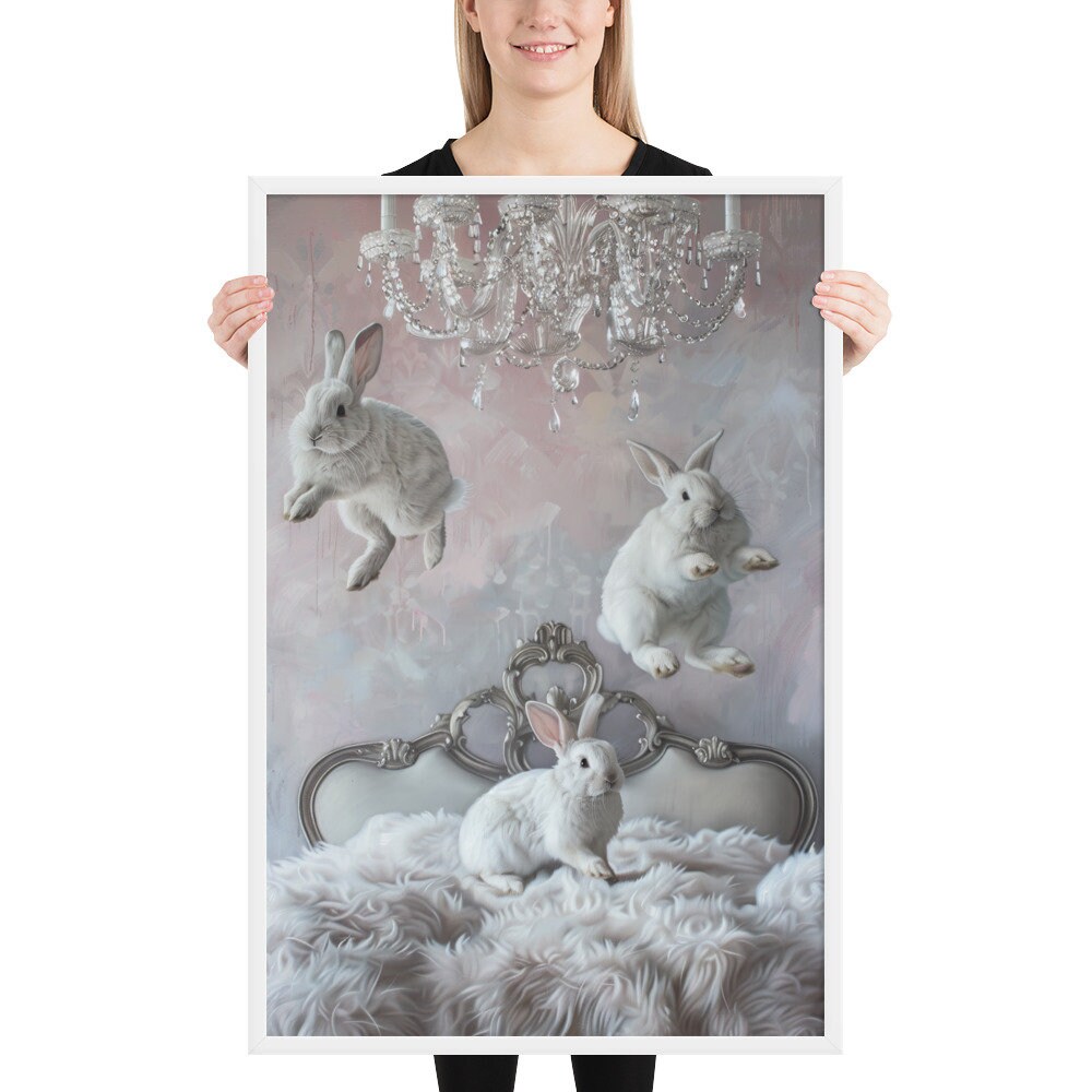 Framed Bunny Wall Art White Rabbit Painting Whimsical Art - Etsy