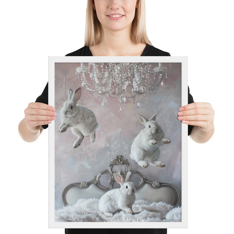 Framed Bunny Wall Art White Rabbit Painting Whimsical Art - Etsy