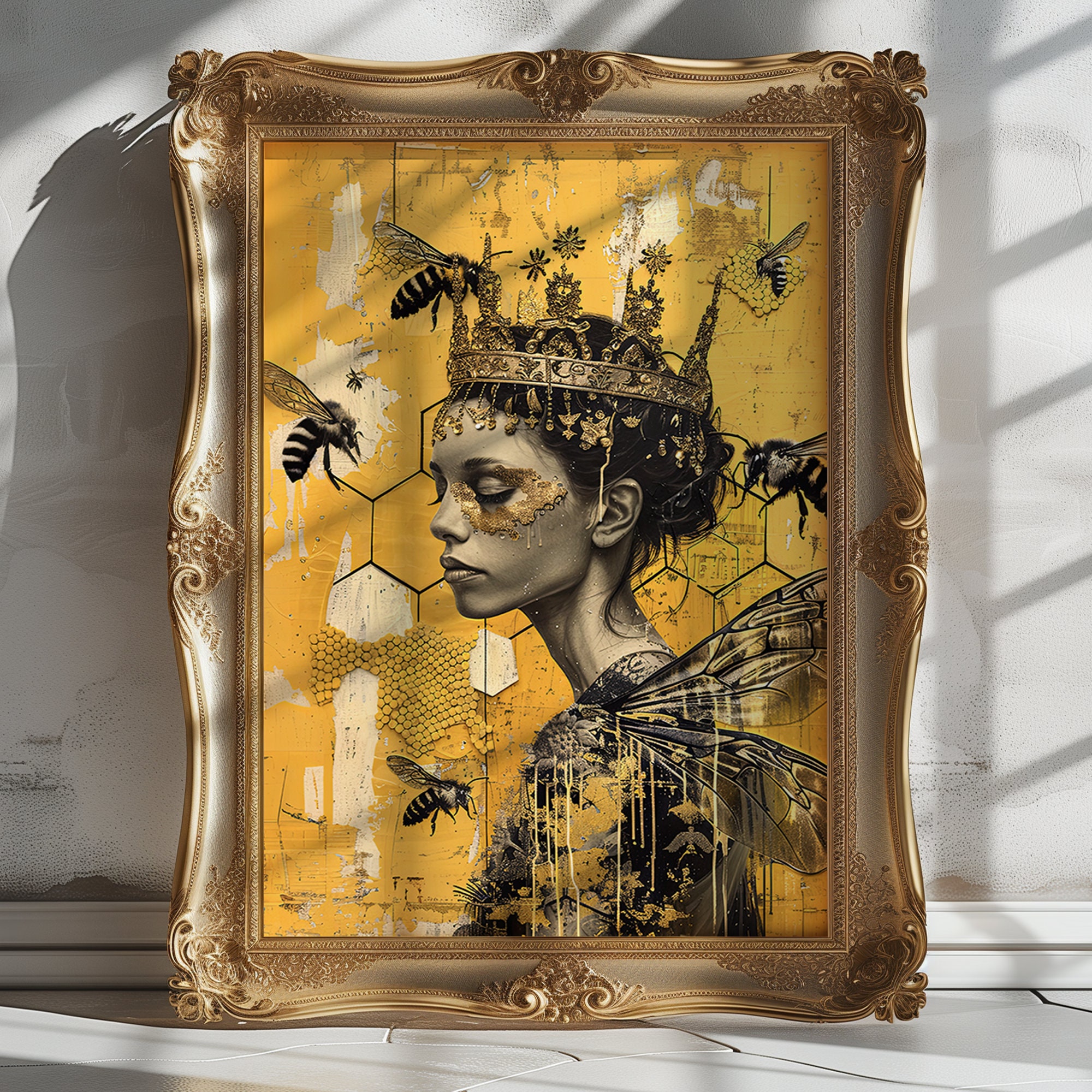 Golden Queen Bee Art Print Fantasy Queen Bee Mixed Media Unframed Wall ...
