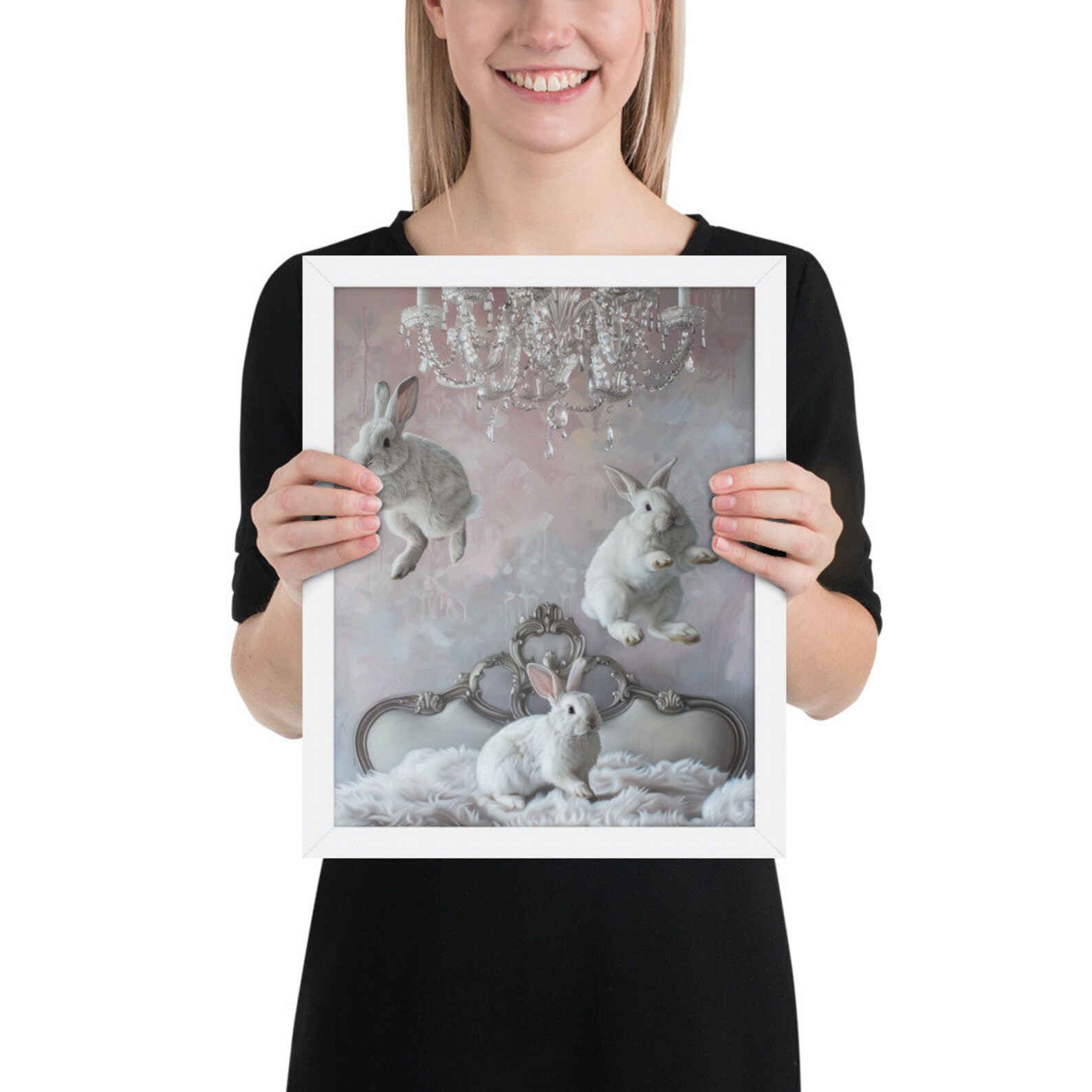 Framed Bunny Wall Art White Rabbit Painting Whimsical Art - Etsy